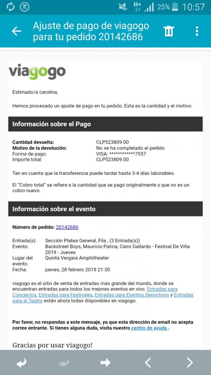 Viagogo - Devolucion De Entradas | RECLAMOS.CL