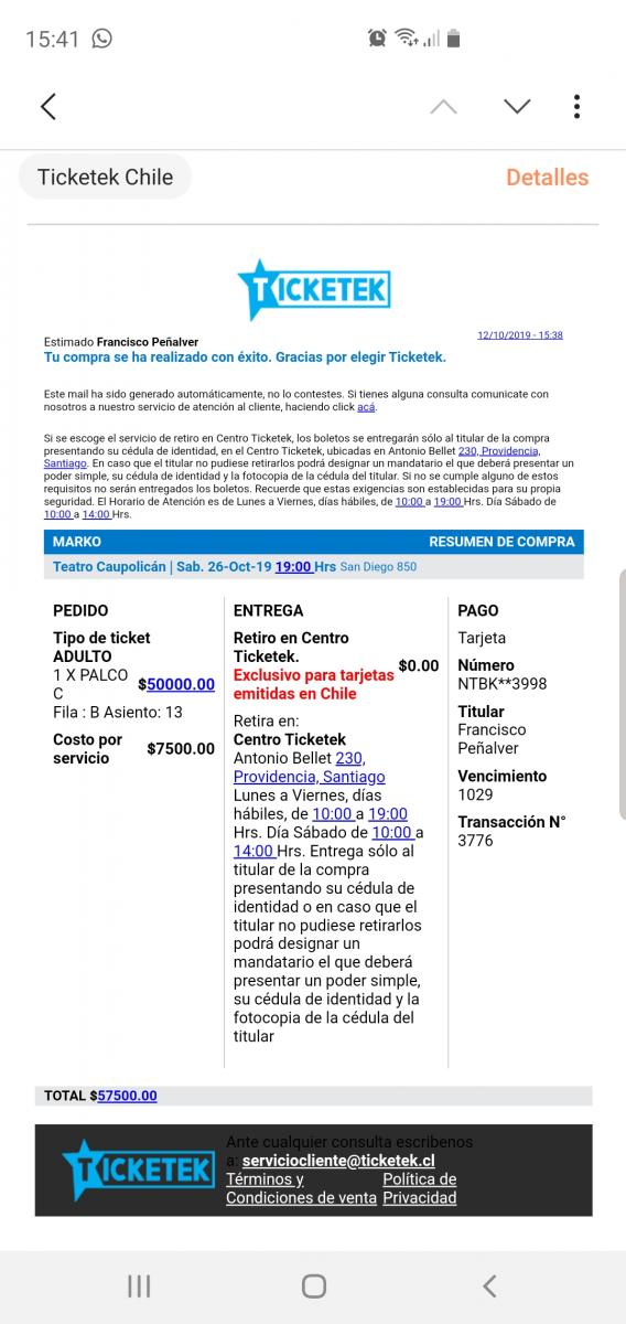 Ticketek - No Devolución - No Me Han Devuelto Mi Dinero | RECLAMOS.CL